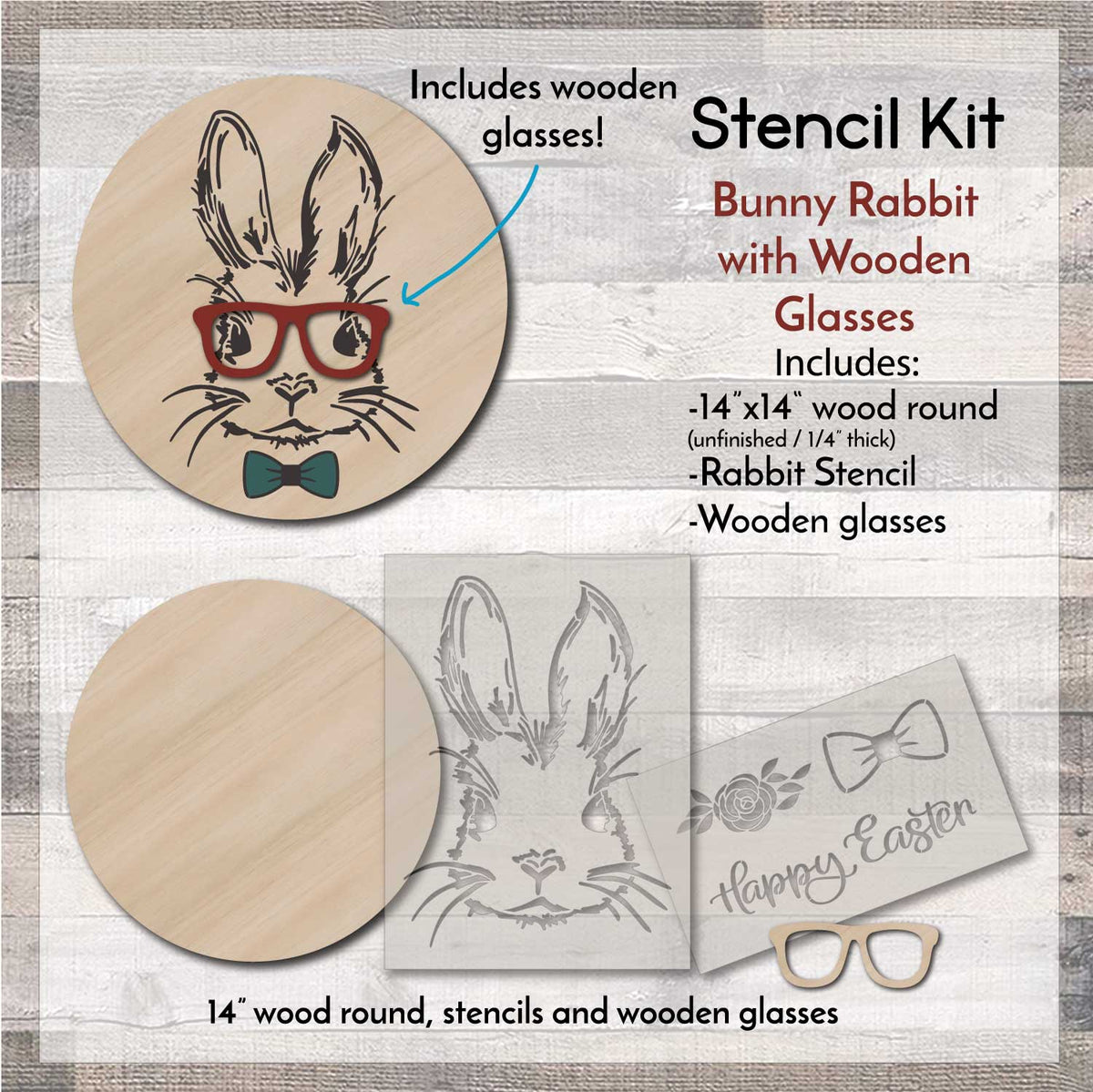 STENCIL KIT with Wood Round / Bunny Rabbit Glasses| WallCutz Crafts