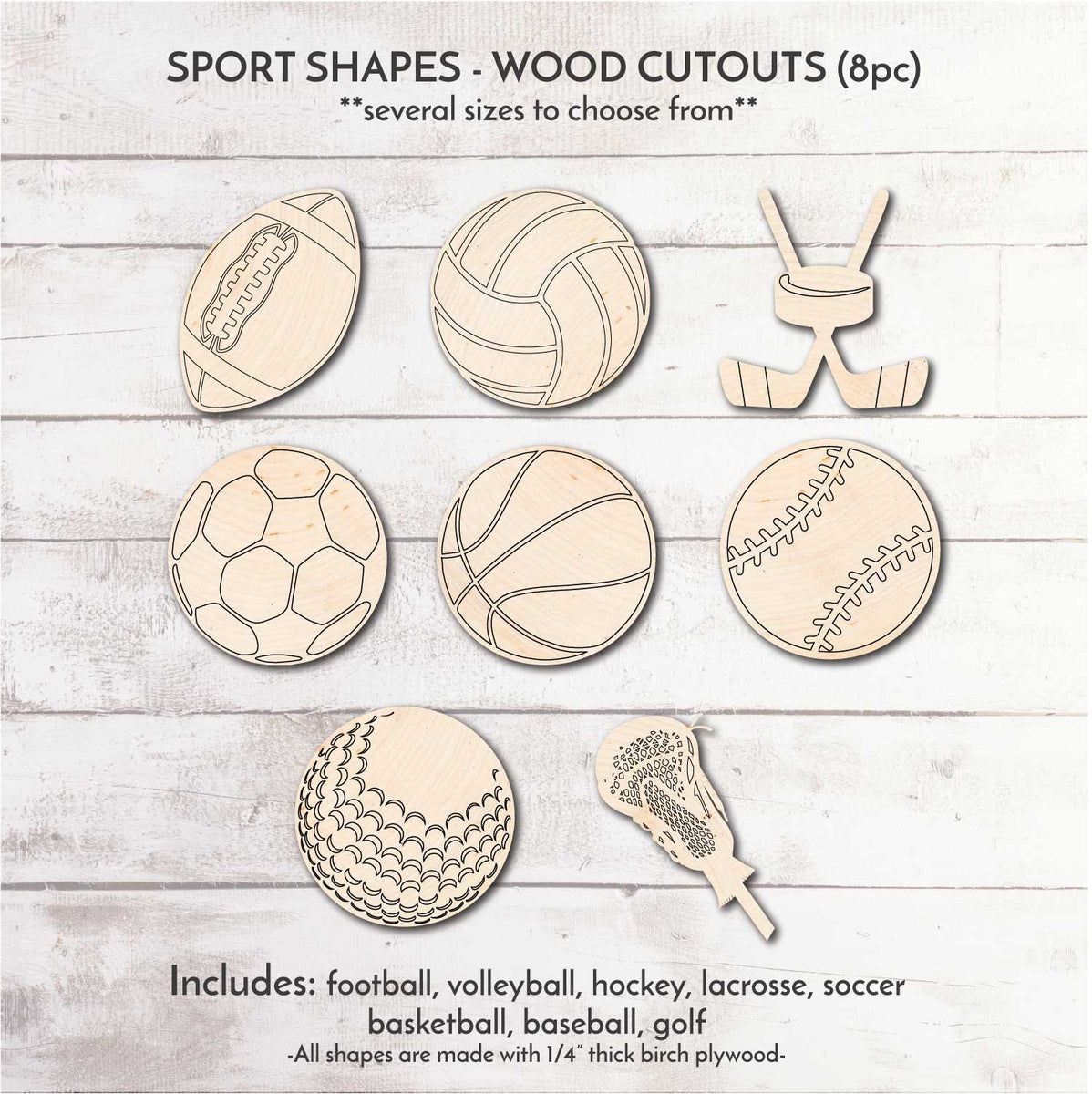 Sport Shapes / Set of 8 Wood Shapes| WallCutz Crafts