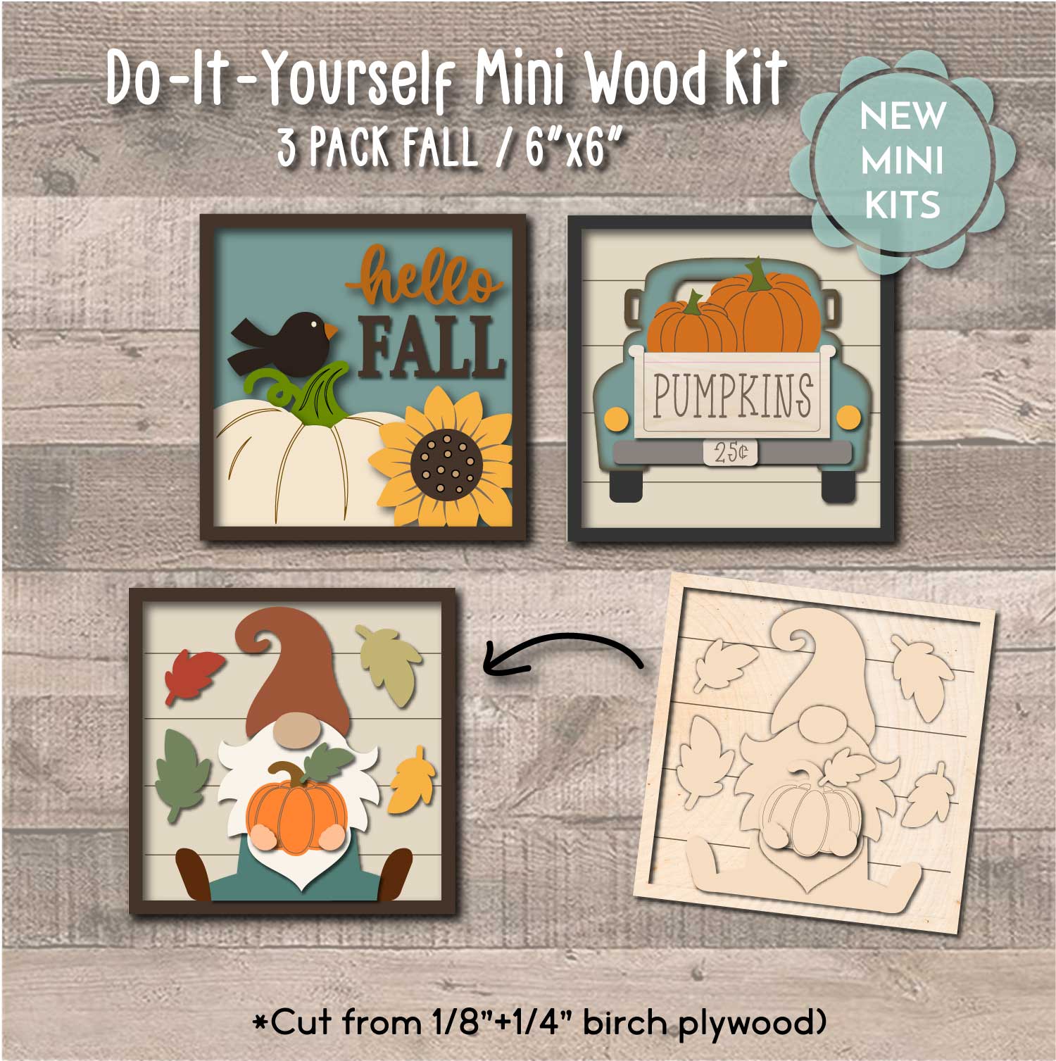 WOOD KIT MINIS / FALL DIY Kits / 3 pack Square – WallCutz Crafts